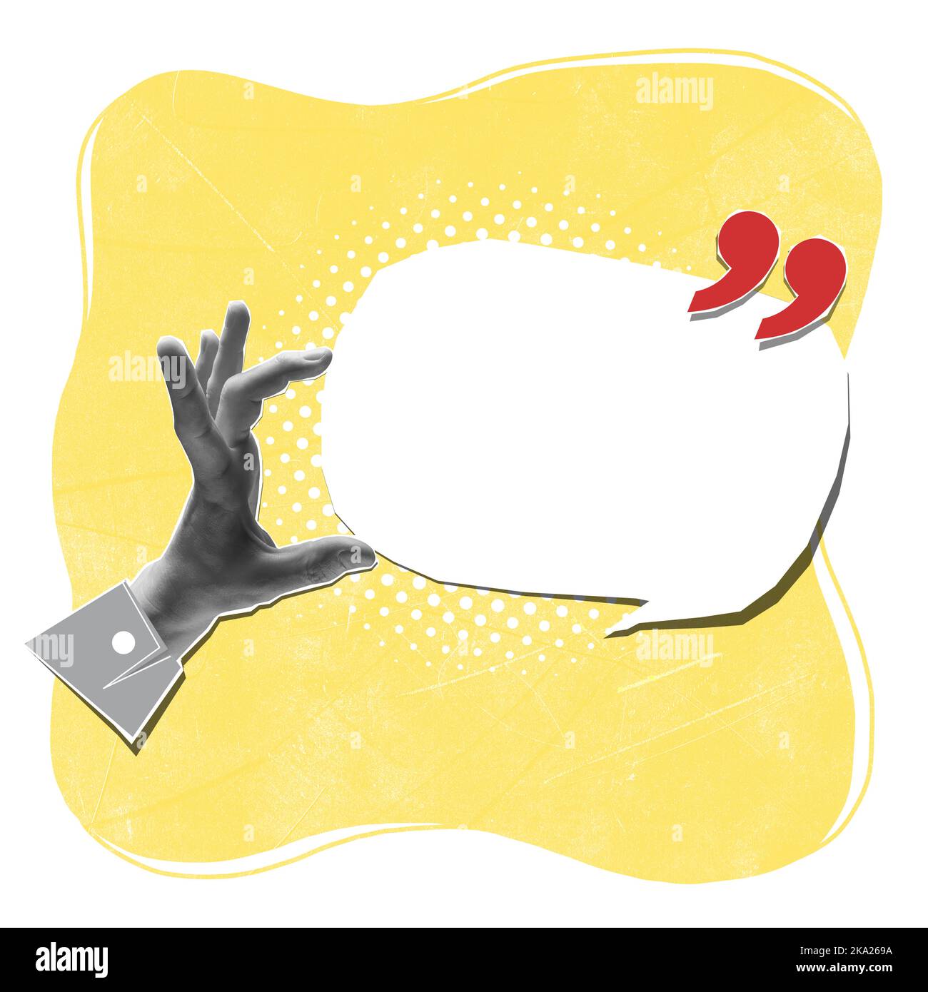 Human hands with white geometric shape speech bubble over light pastel ...