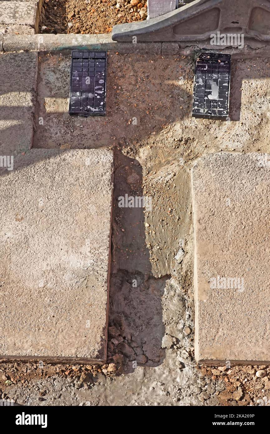 Semi detached residential property pavement boundary looking down at ...