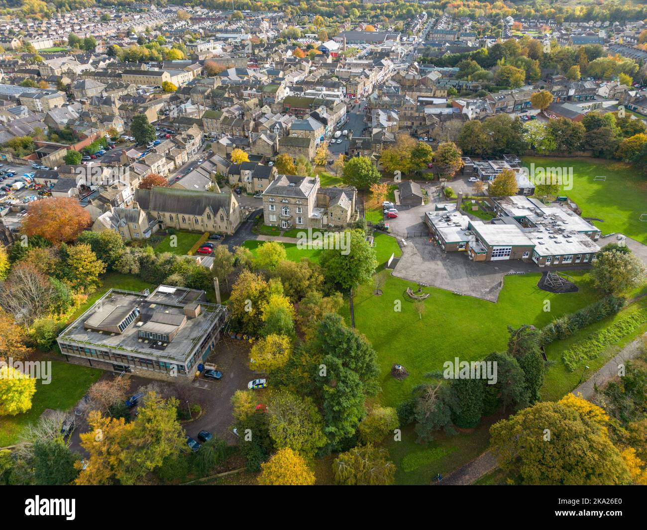 Aerial view of Otley Police Station and primary school in rural town in ...