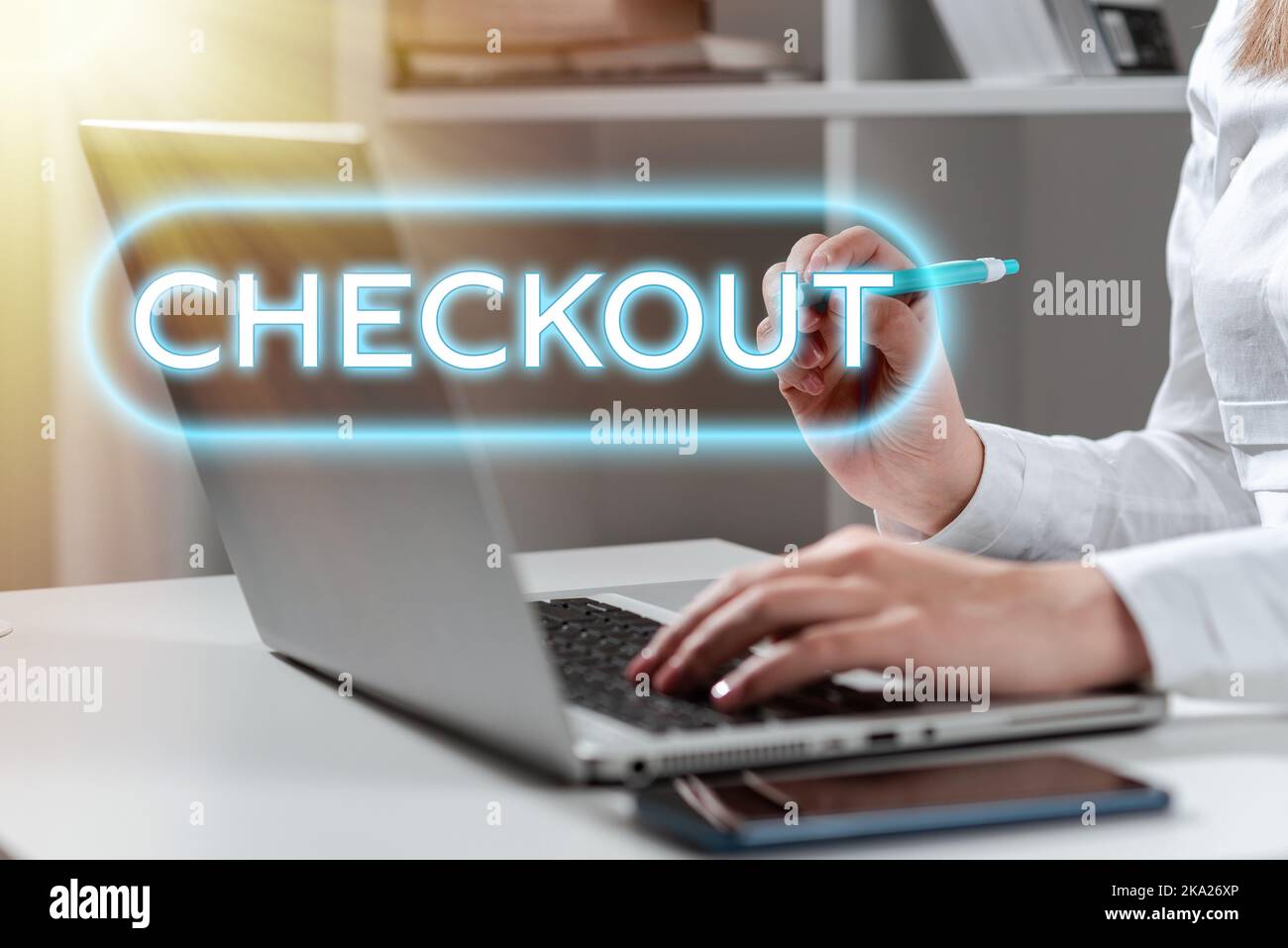 Hand writing sign Checkout. Business showcase a point at which goods ...