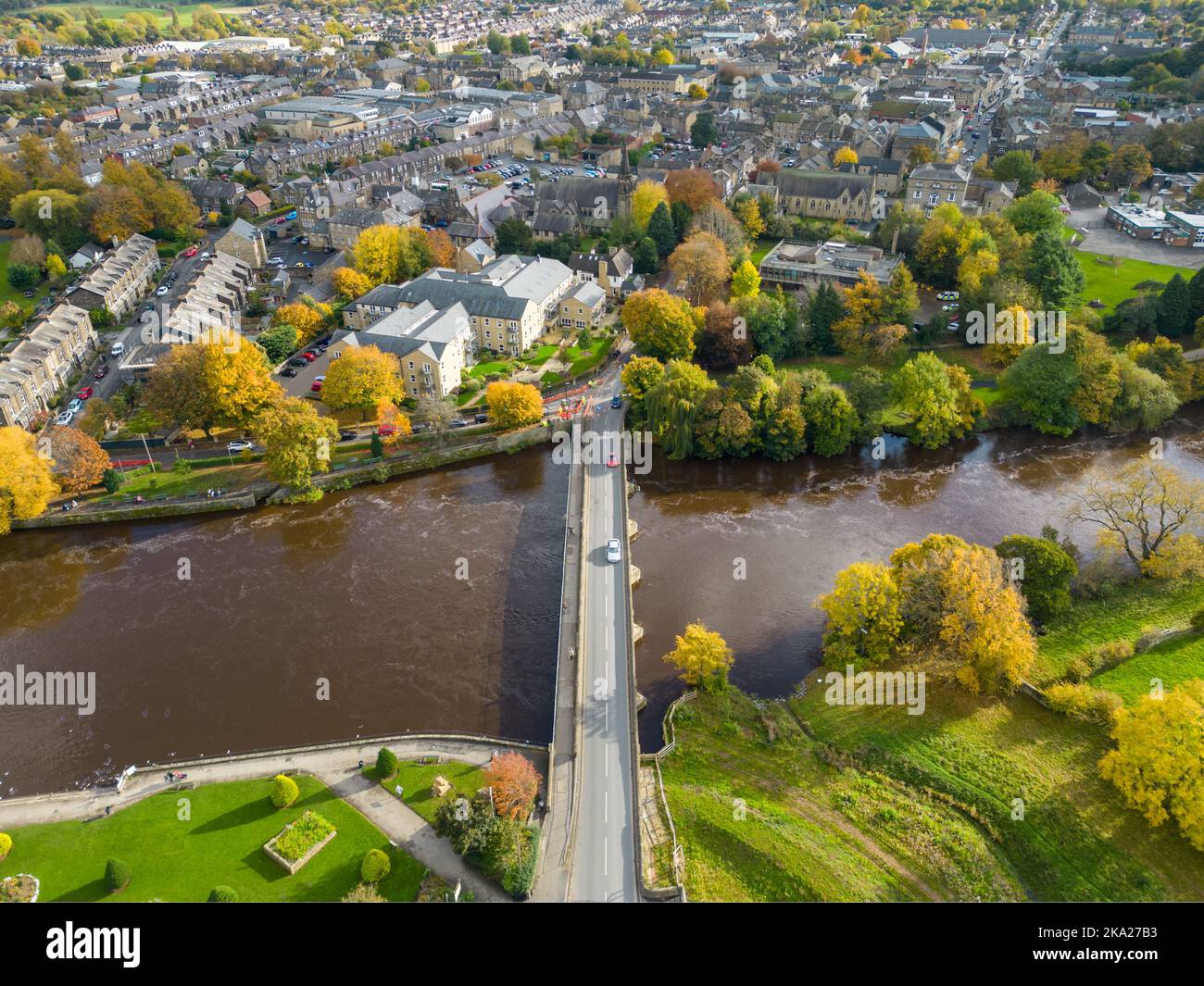 Aerial view of Otley Bridge crossing the River Wharfe in Otley, West ...