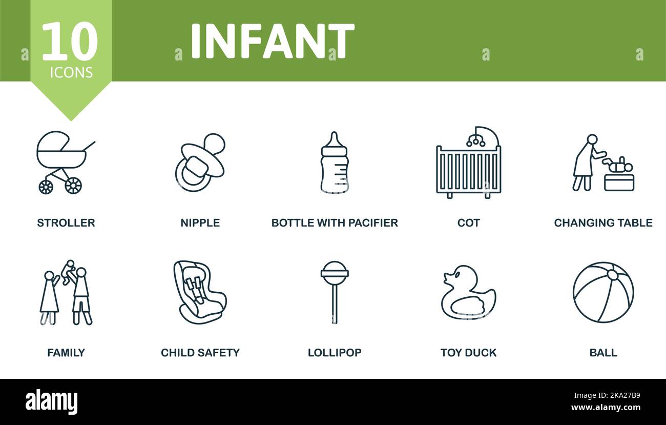 Infant icon set. Monochrome simple Infant icon collection. Stroller ...