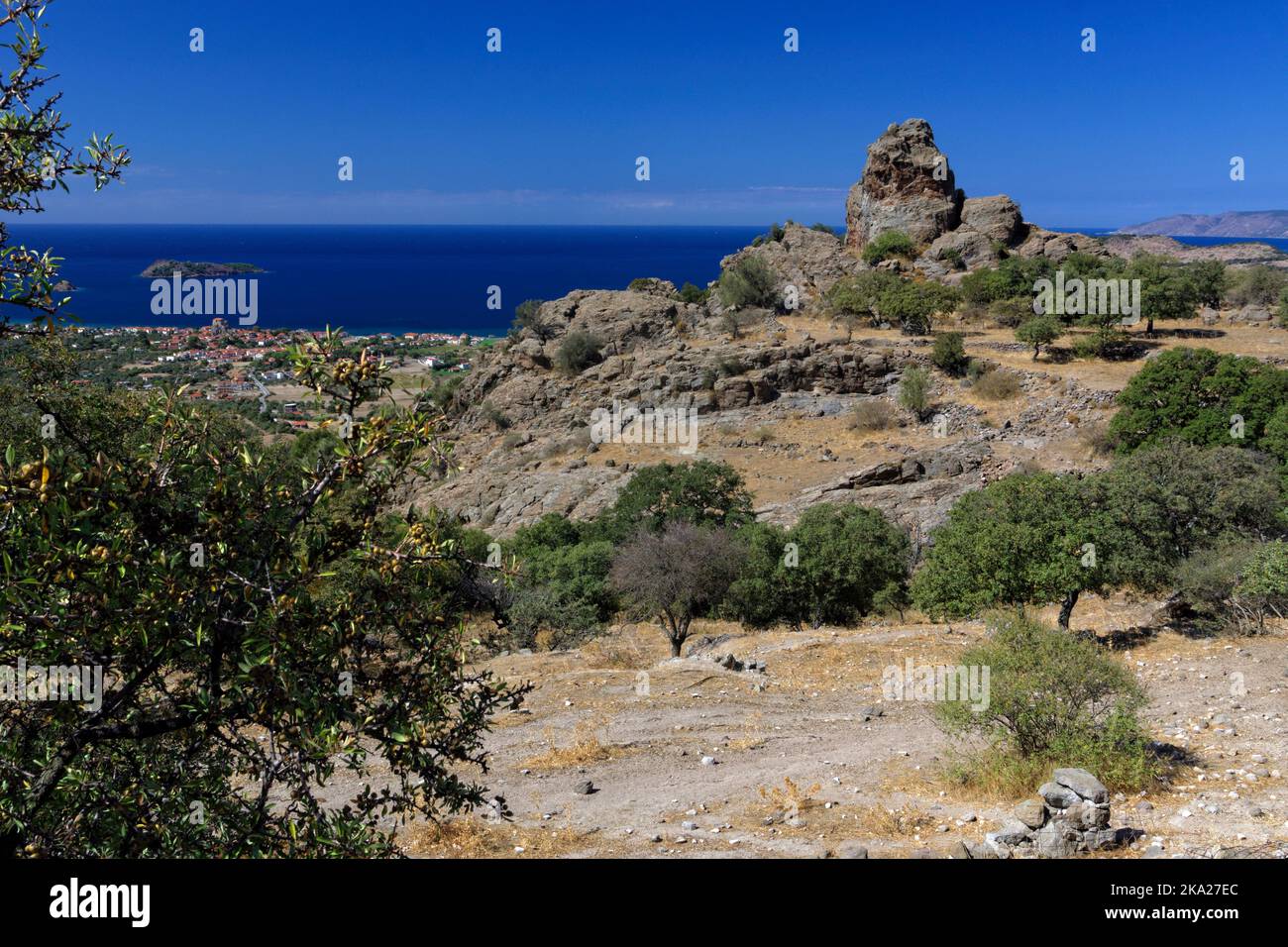 View of Petra from Hillside near Petri, Lesbos, Northern Aegean Islands ...
