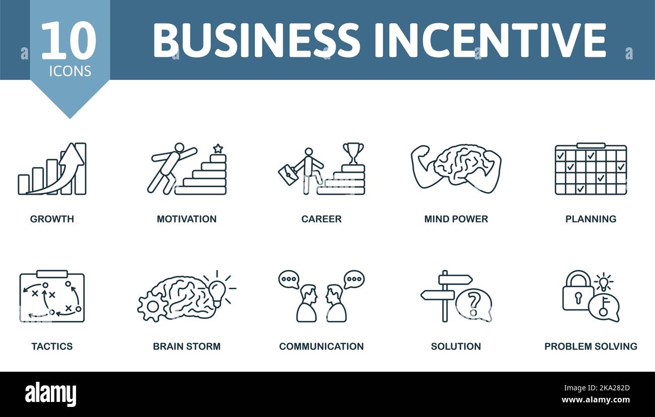 Business Incentive icon set. Monochrome simple Business Incentive icon collection. Growth ...