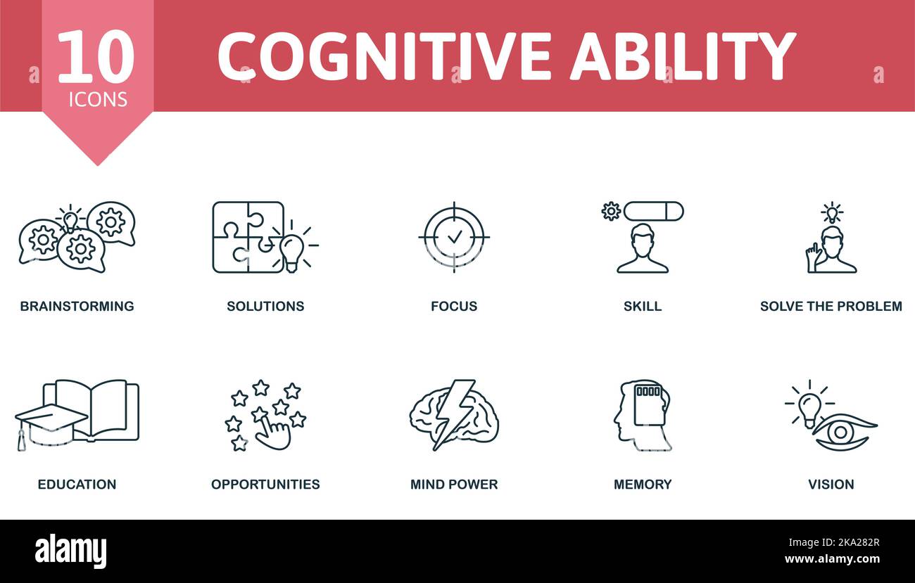 Cognitive Ability icon set. Monochrome simple Cognitive Ability icon collection. Brainstorming ...