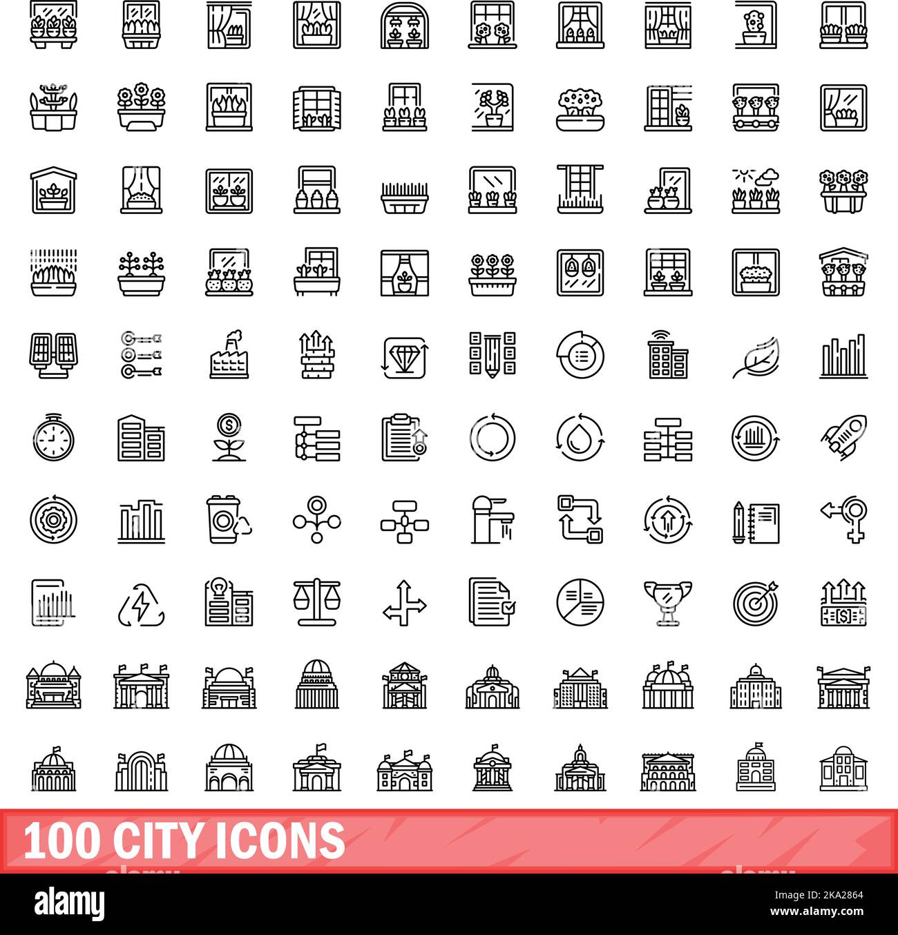 100 city icons set. Outline illustration of 100 city icons vector set ...