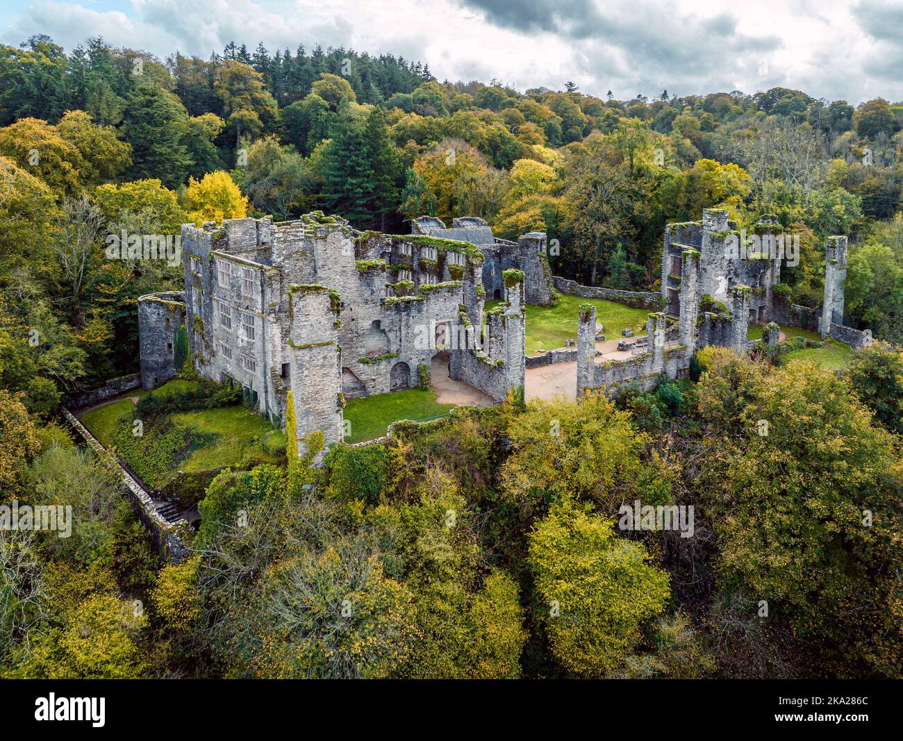 Autumn over Berry Pomeroy Castle from a drone, Totnes Devon, England ...