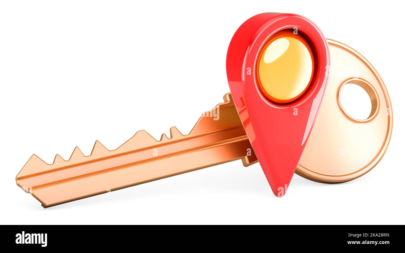 Key with map pointer, 3D rendering isolated on white background Stock ...