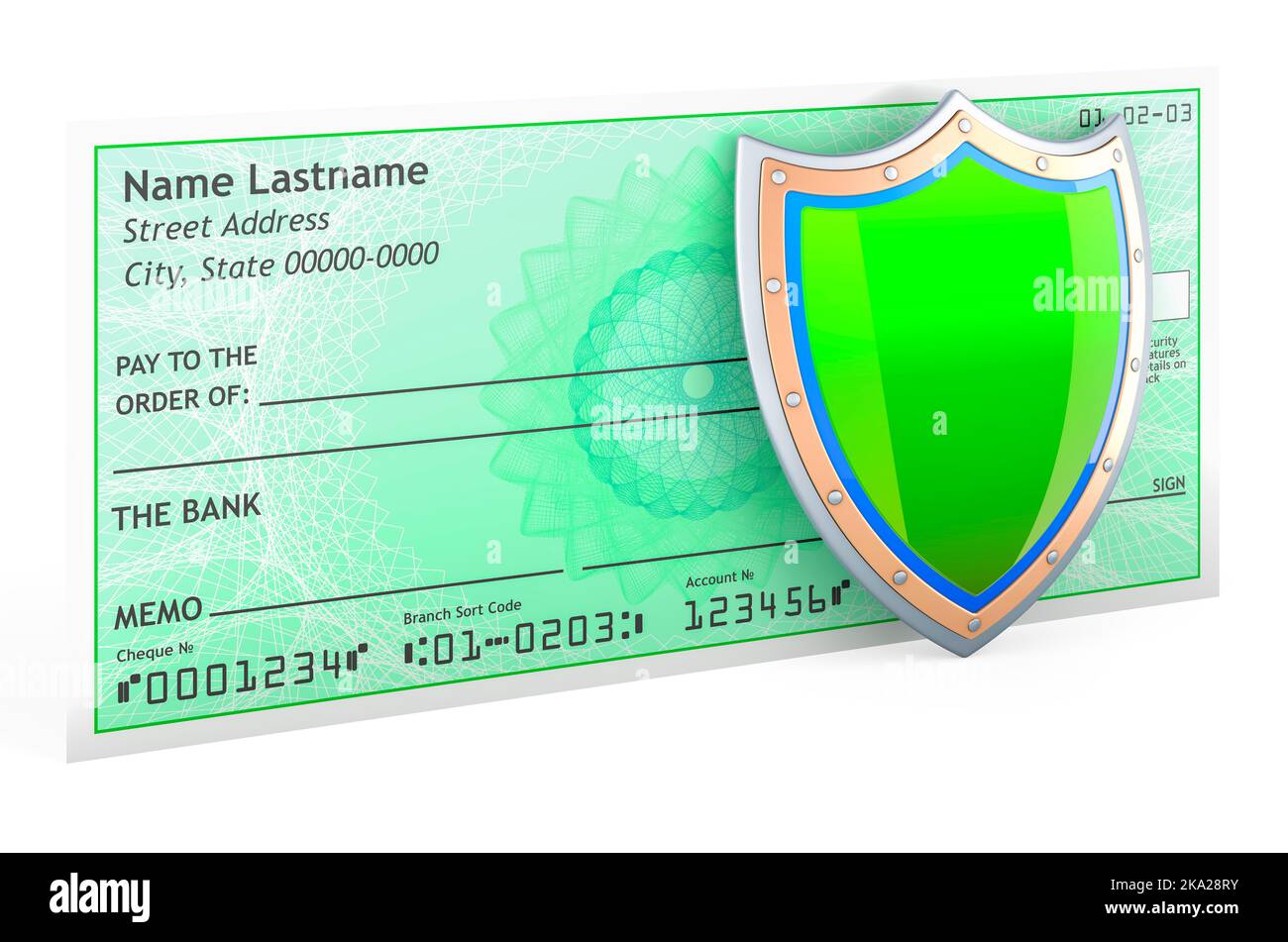 Bank check with shield, 3D rendering isolated on white background Stock ...