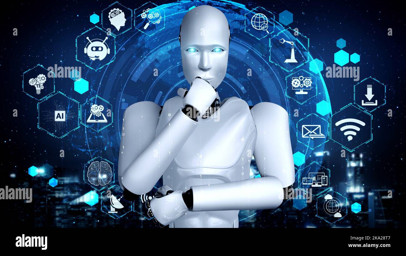 Thinking AI hominoid robot analyzing hologram screen shows concept of ...