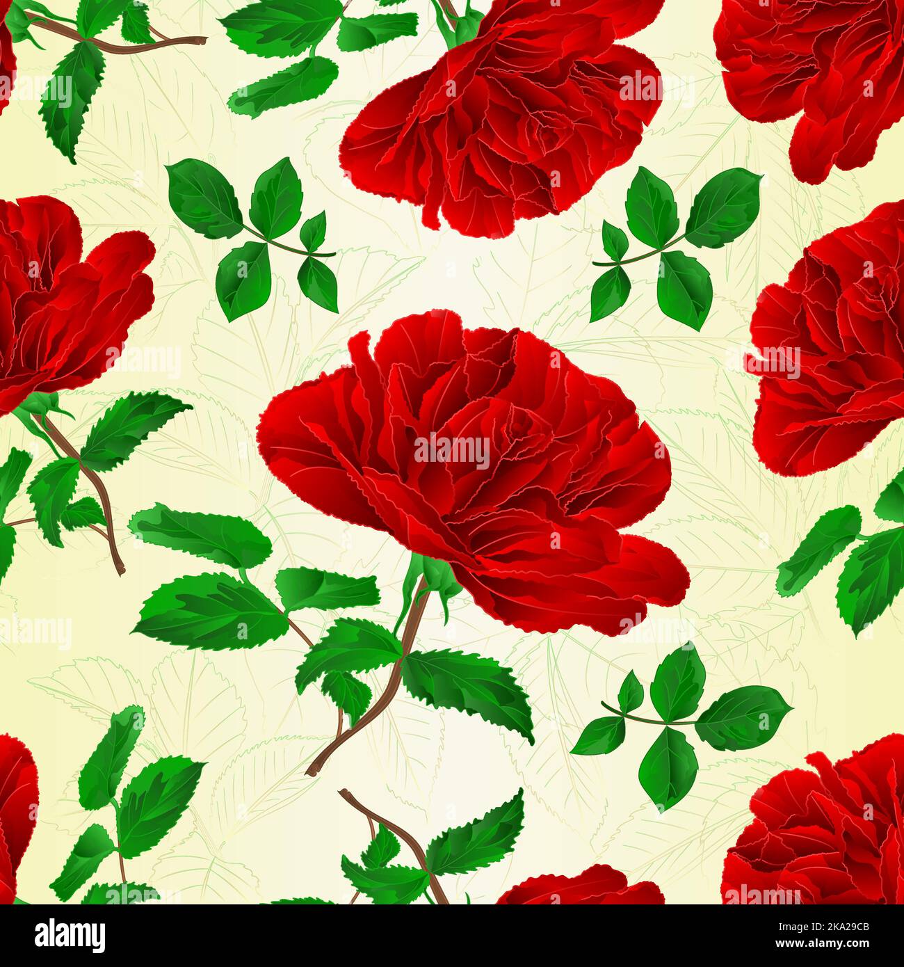 Seamless texture red rose stem with leaves vintage on a white background vector illustration ...