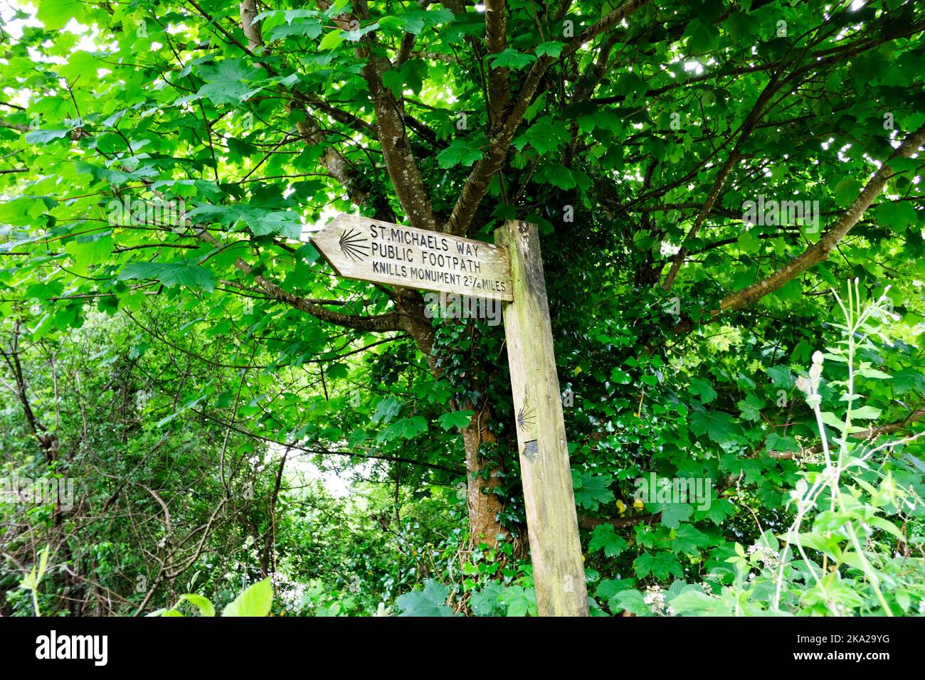 Wooden directional sign on the St. Michael's Way, Penwith, Cornwall, UK ...