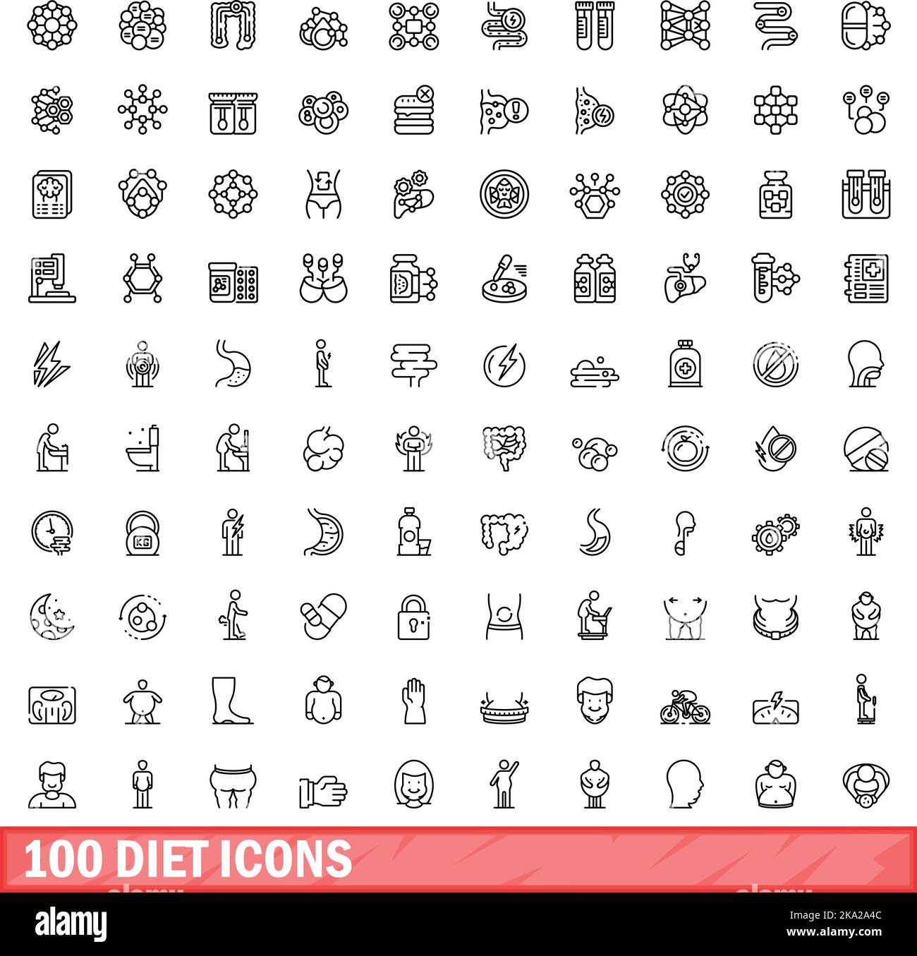 100 diet icons set. Outline illustration of 100 diet icons vector set ...