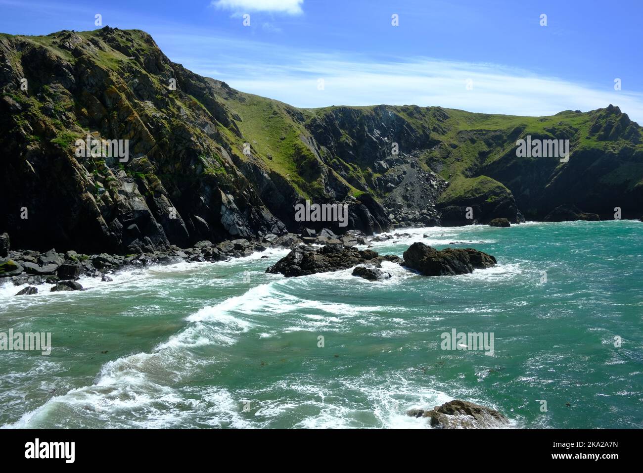 Rugged cliffs at Mullion Cove on the Lizard Peninsula, Cornwall, UK ...