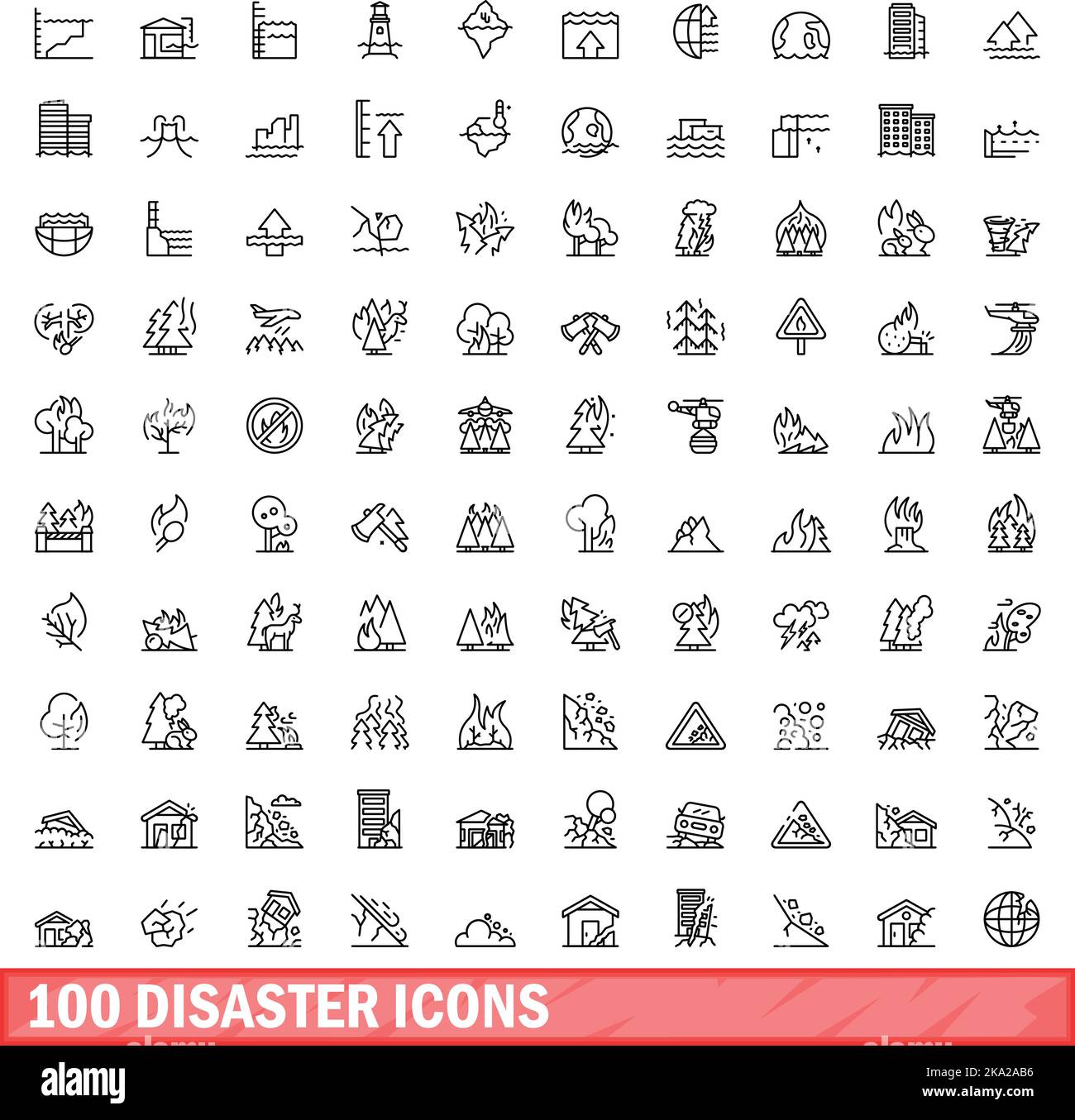 100 disaster icons set. Outline illustration of 100 disaster icons ...