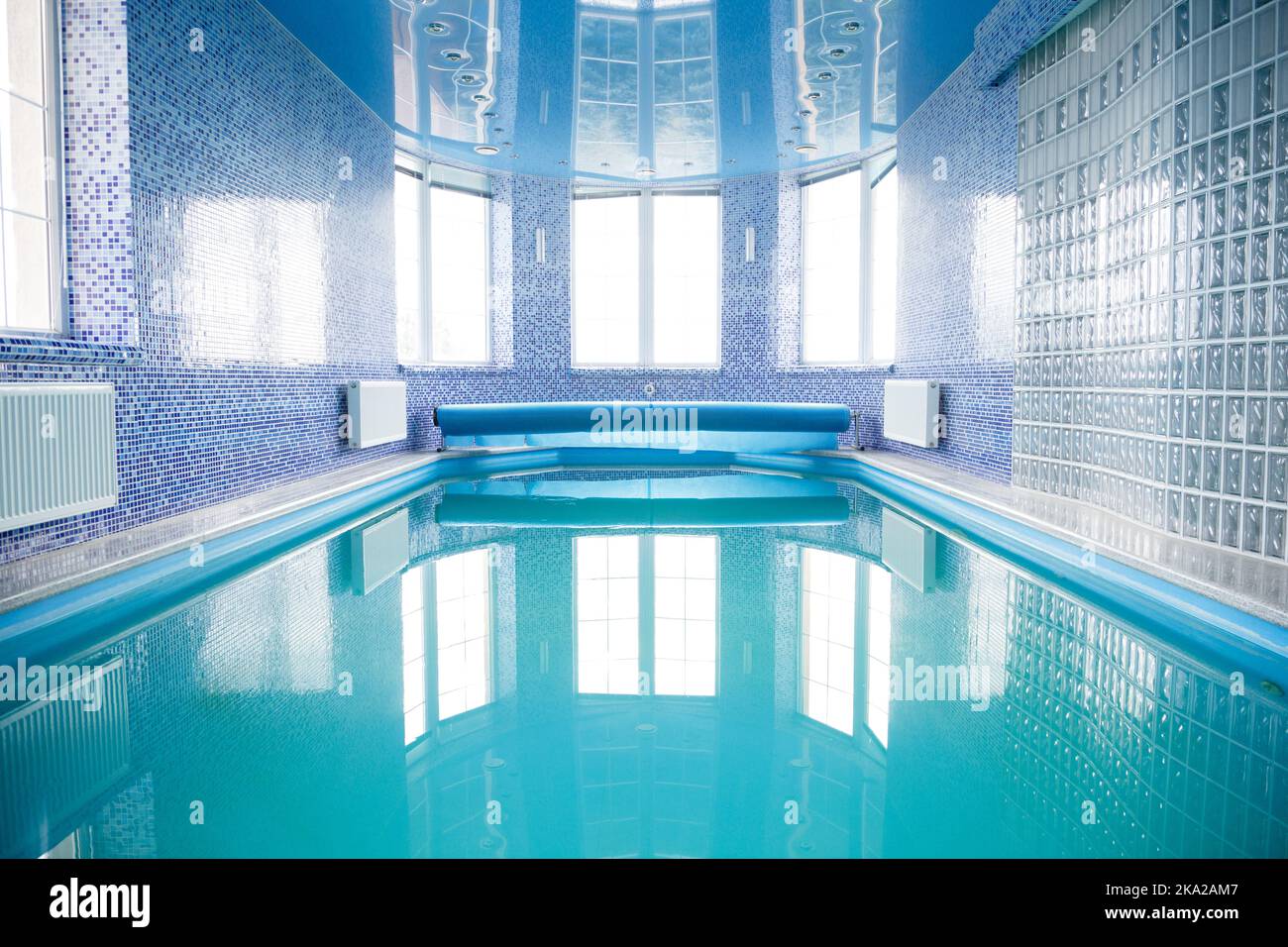 Abstract white and blue water parametric interior with neon lights ...
