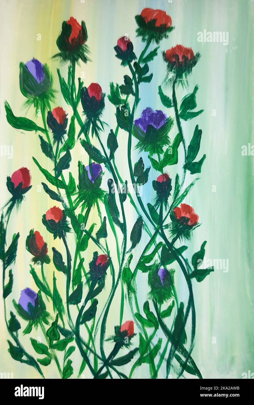 A vertical artwork of flowers with green leaves Stock Photo - Alamy