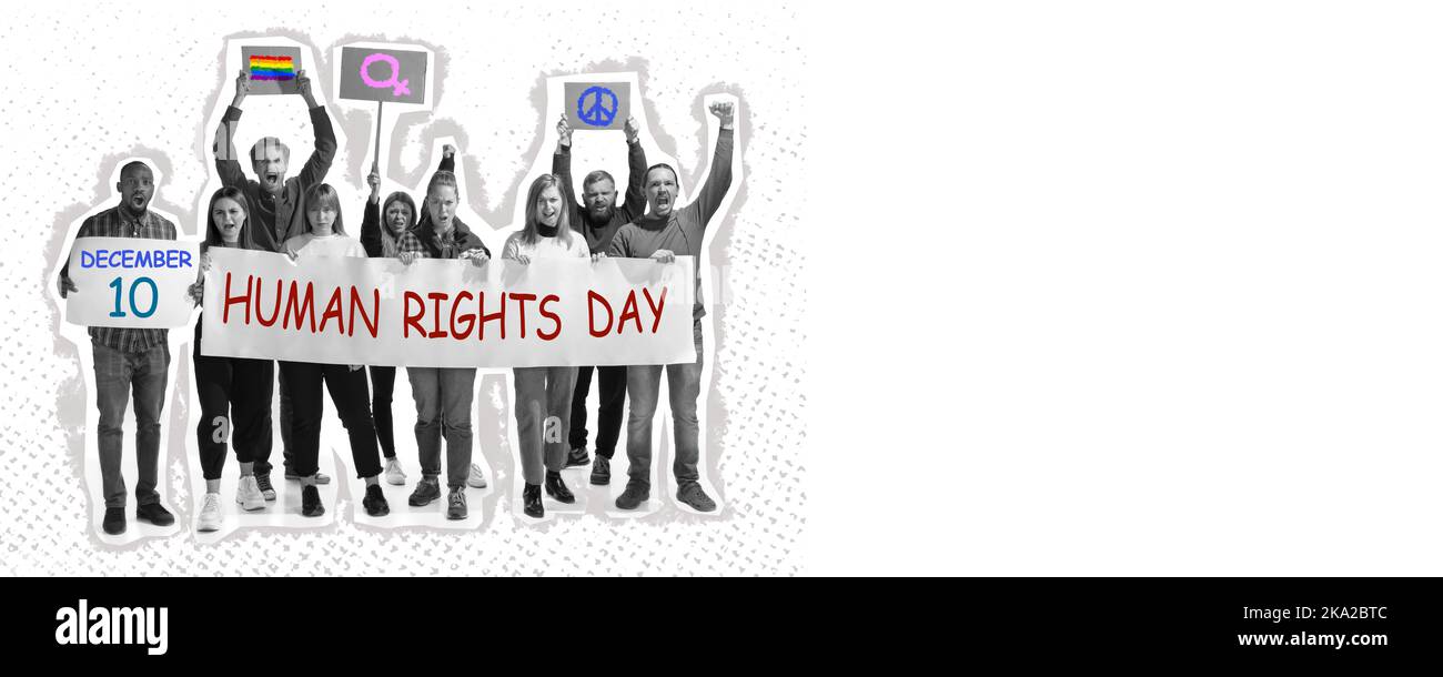 Conceptual collage with young people on strike or meeting, social ...