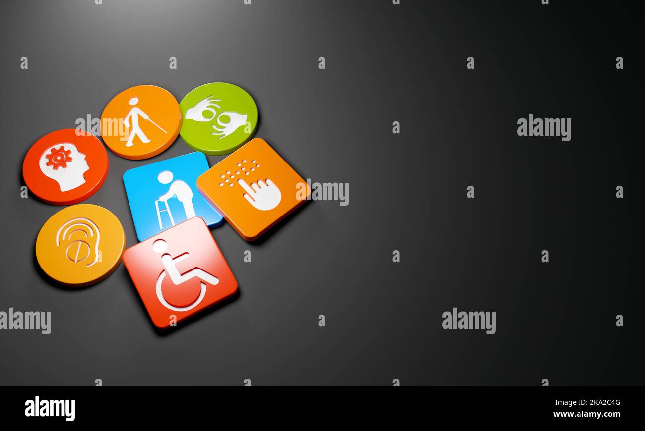 Disability icons engraved on plastic cubes and circles. 3D Rendering ...