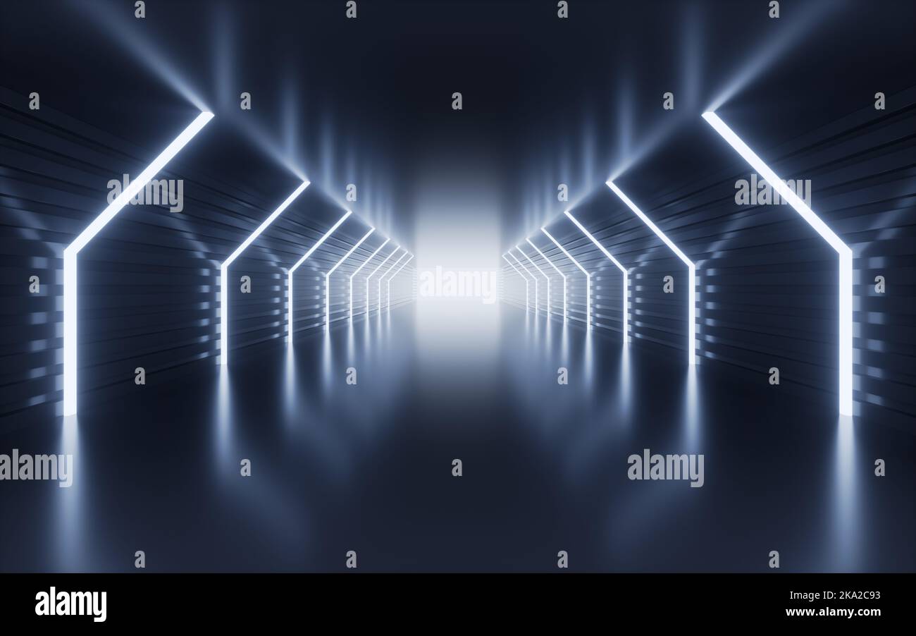 Blue geometric tunnel and neon lines, 3d rendering. Digital drawing ...