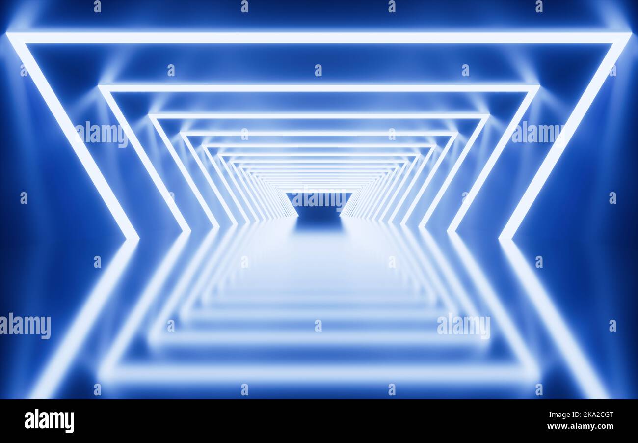 Blue geometric tunnel and neon lines, 3d rendering. Digital drawing ...