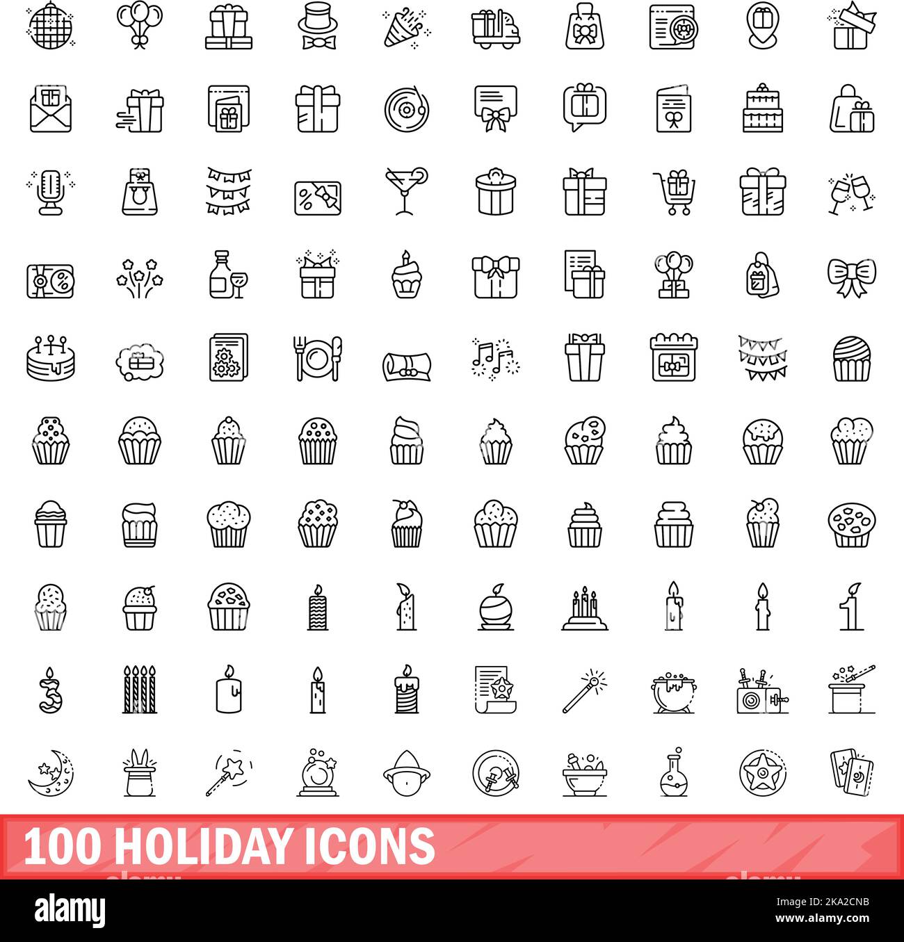 100 holiday icons set. Outline illustration of 100 holiday icons vector ...