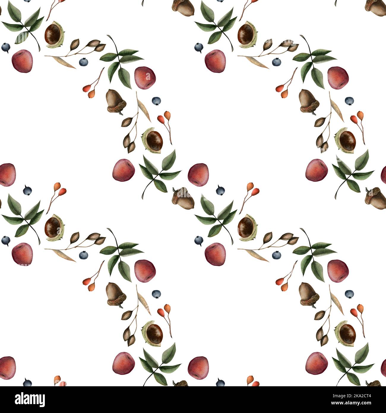 Watercolor diagonal seamless pattern with leaves, berries, acorns ...