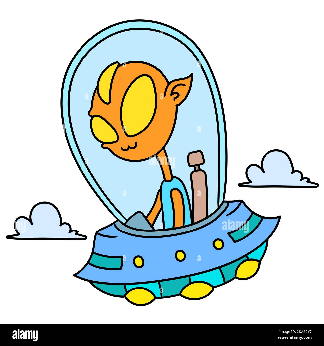 A cute orange cartoon alien flying a saucer isolated on white ...