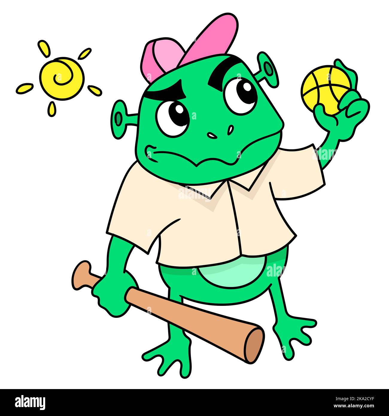 A cute green cartoon character in a pink hat playing baseball Stock ...