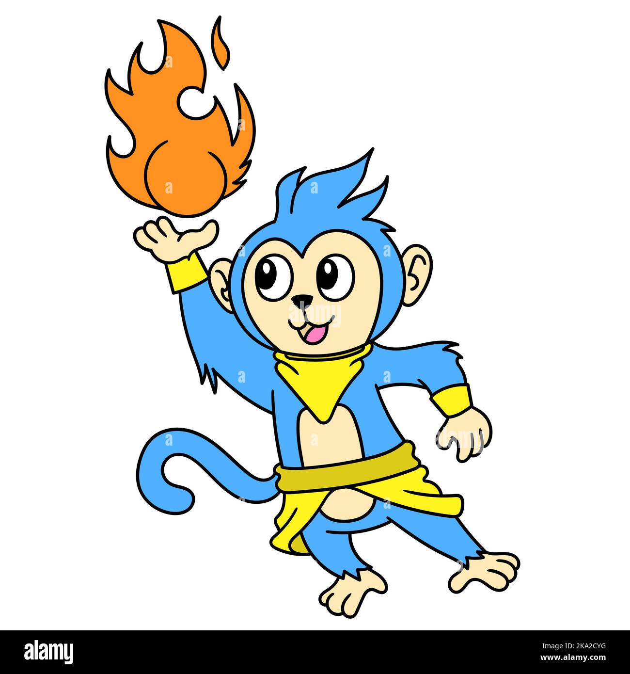 A cute blue cartoon monkey playing with the fire on a white background ...
