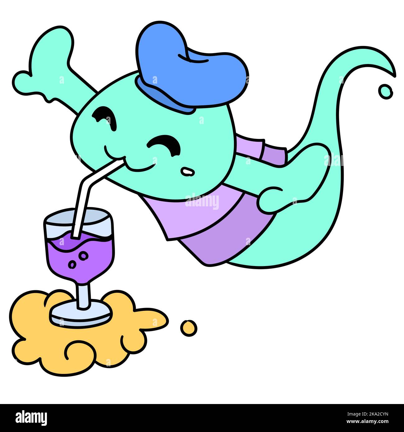 A cute green cartoon genie drinking a purple drink Stock Vector Image ...