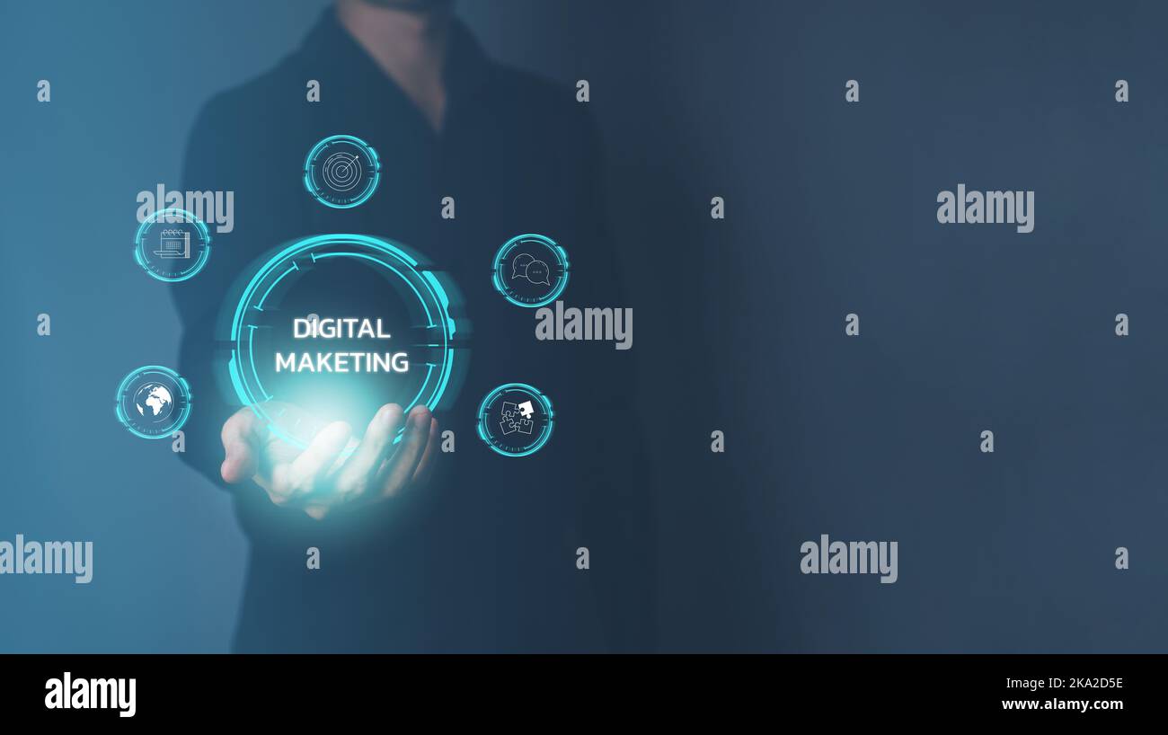 Digital marketing concept. Businessman hand touch hologram with ...