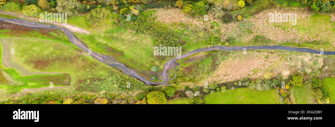 Aerial, panoramic view of River Washburn meander in North Yorkshire ...