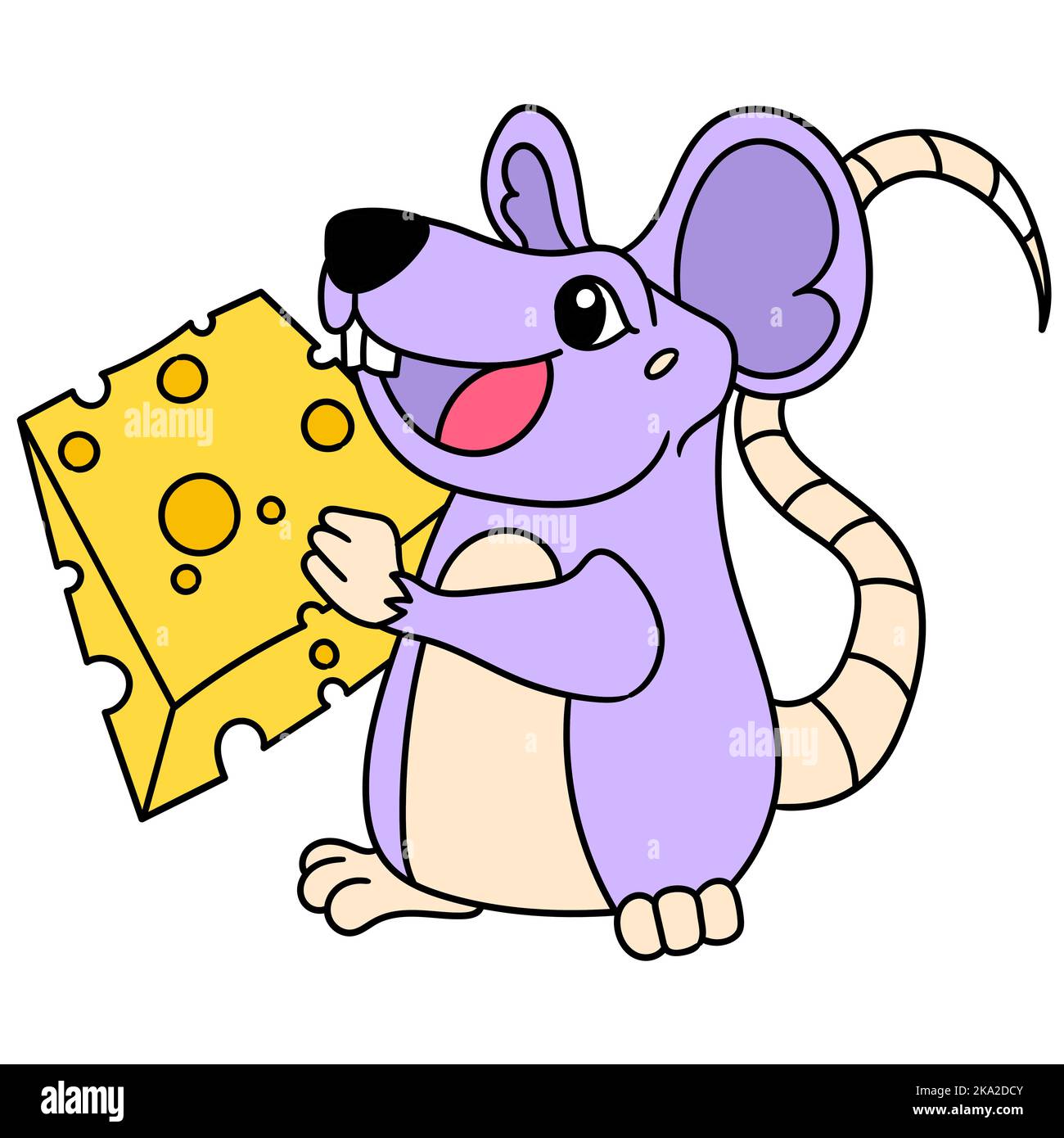 A cute purple mouse holding a cheese cube isolated on a white ...