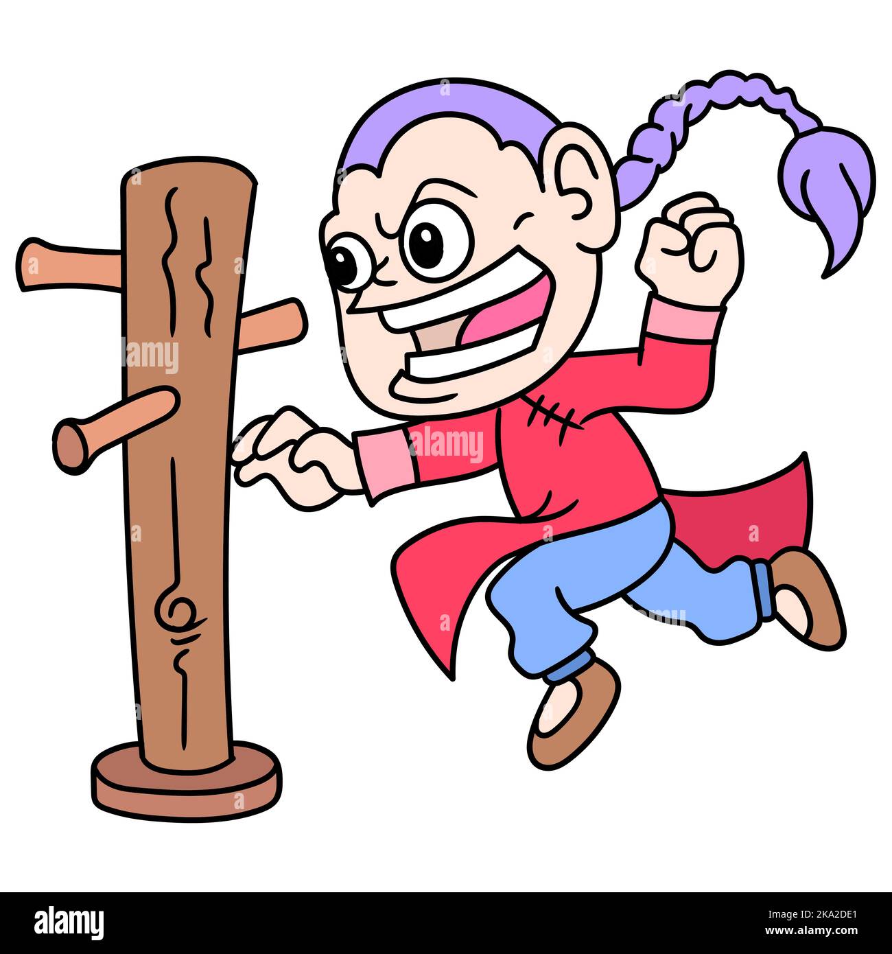 A cartoon character with long purple braid practicing karate Stock ...