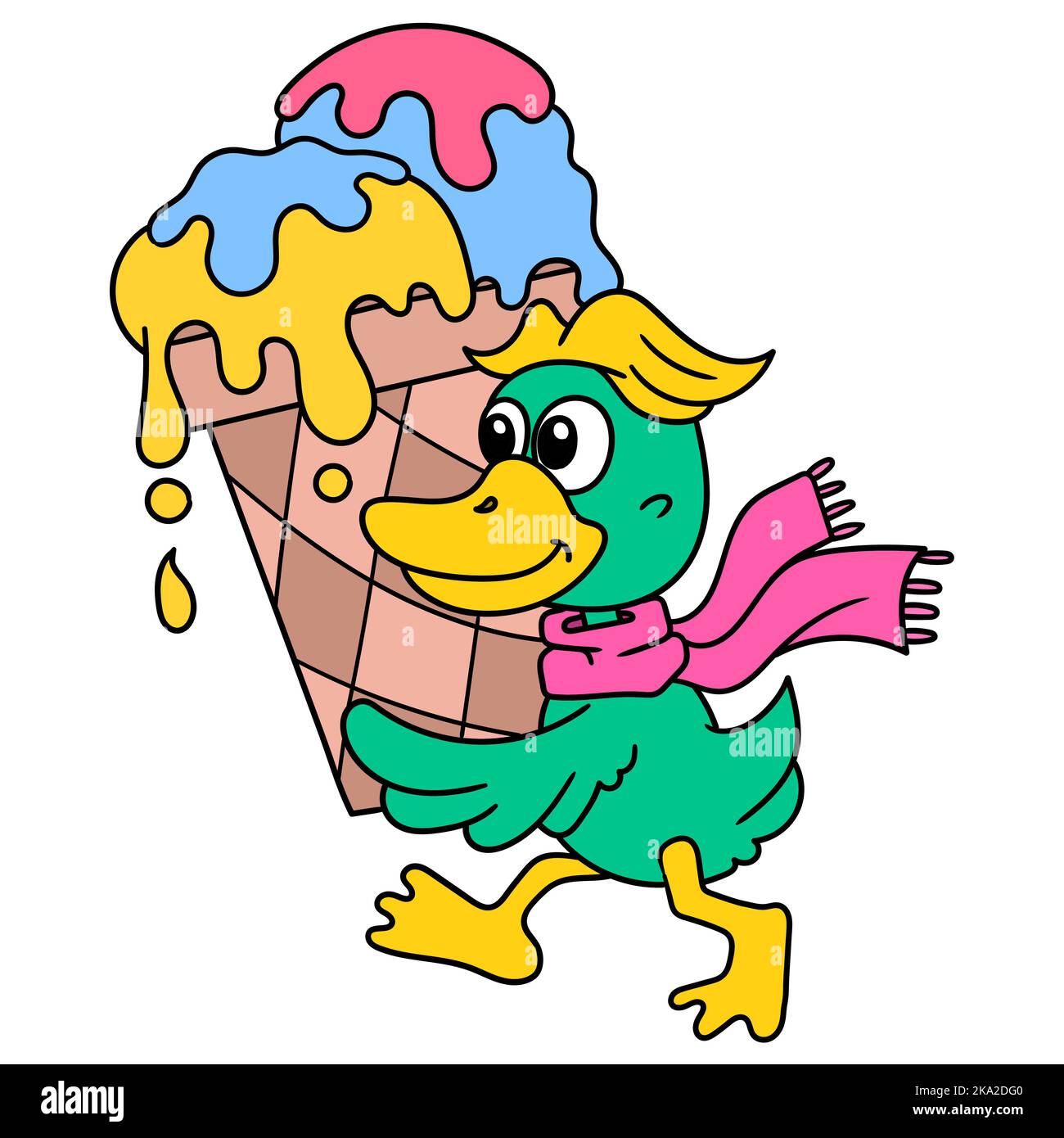 A cute green duck holding an ice cream bucket isolated on a white ...