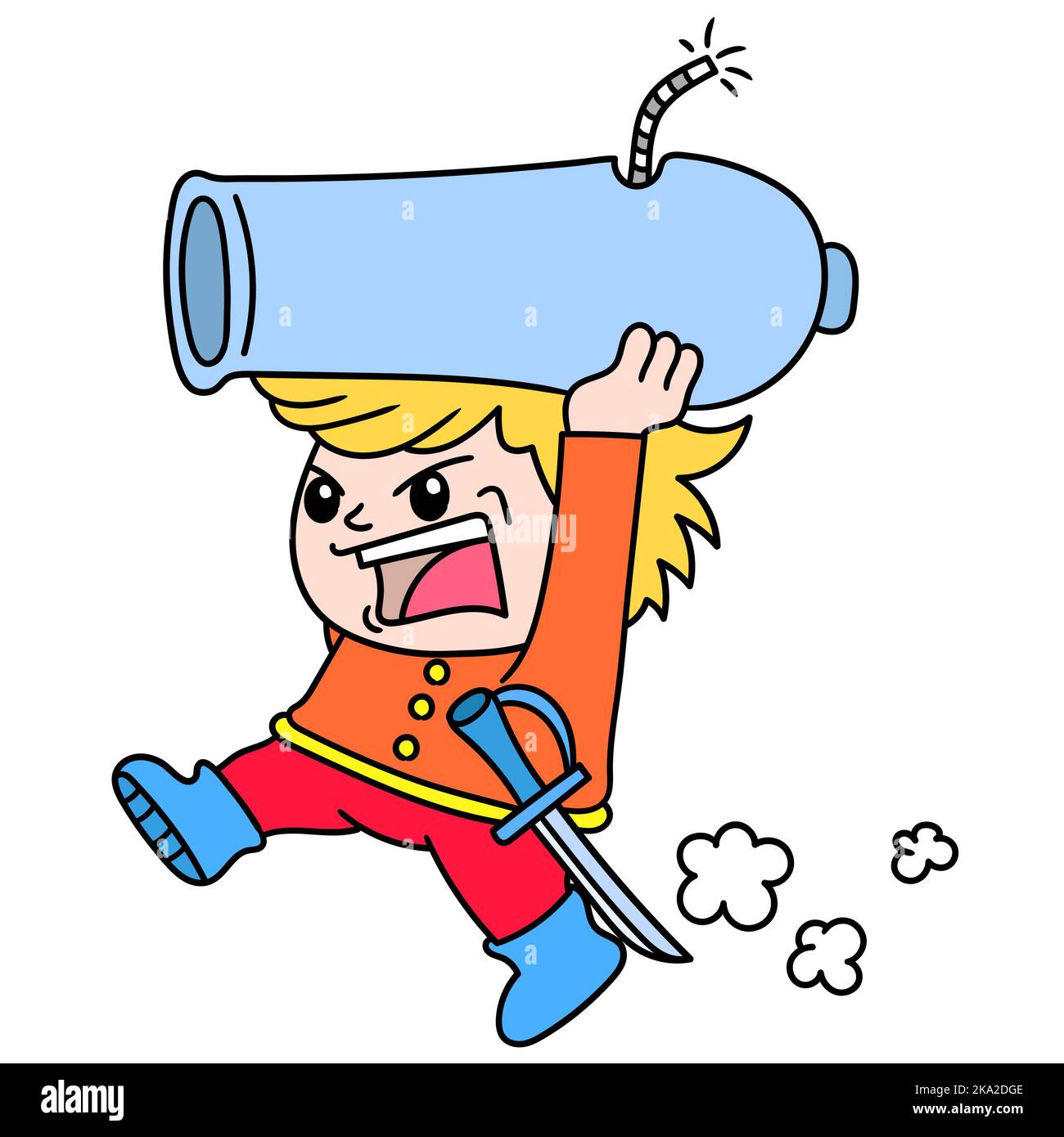 A cute small cartoon boy holding a bomb isolated on a white background ...