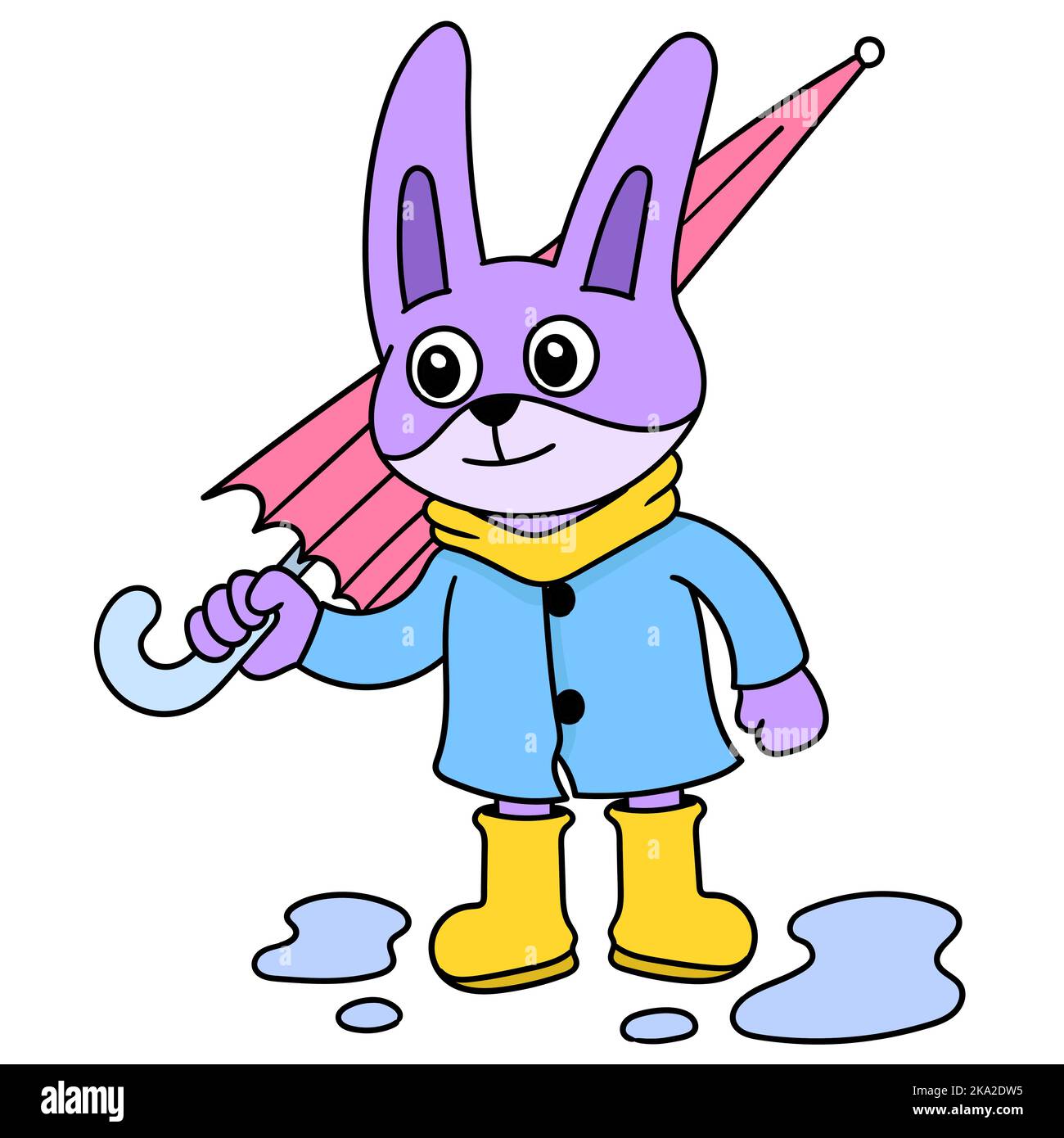 A cute cartoon purple bunny wearing rain clothes and a pink umbrella ...