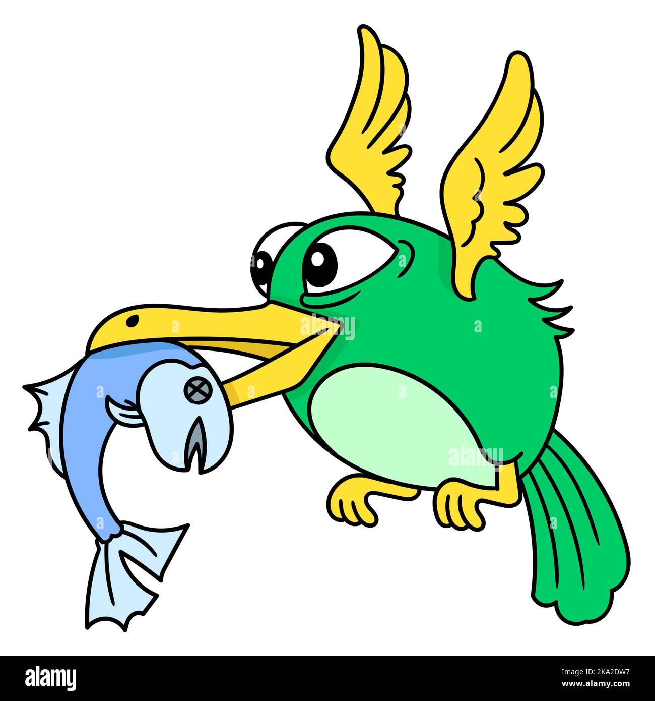 A cute green small bird with a fish in its mouth on a white background ...