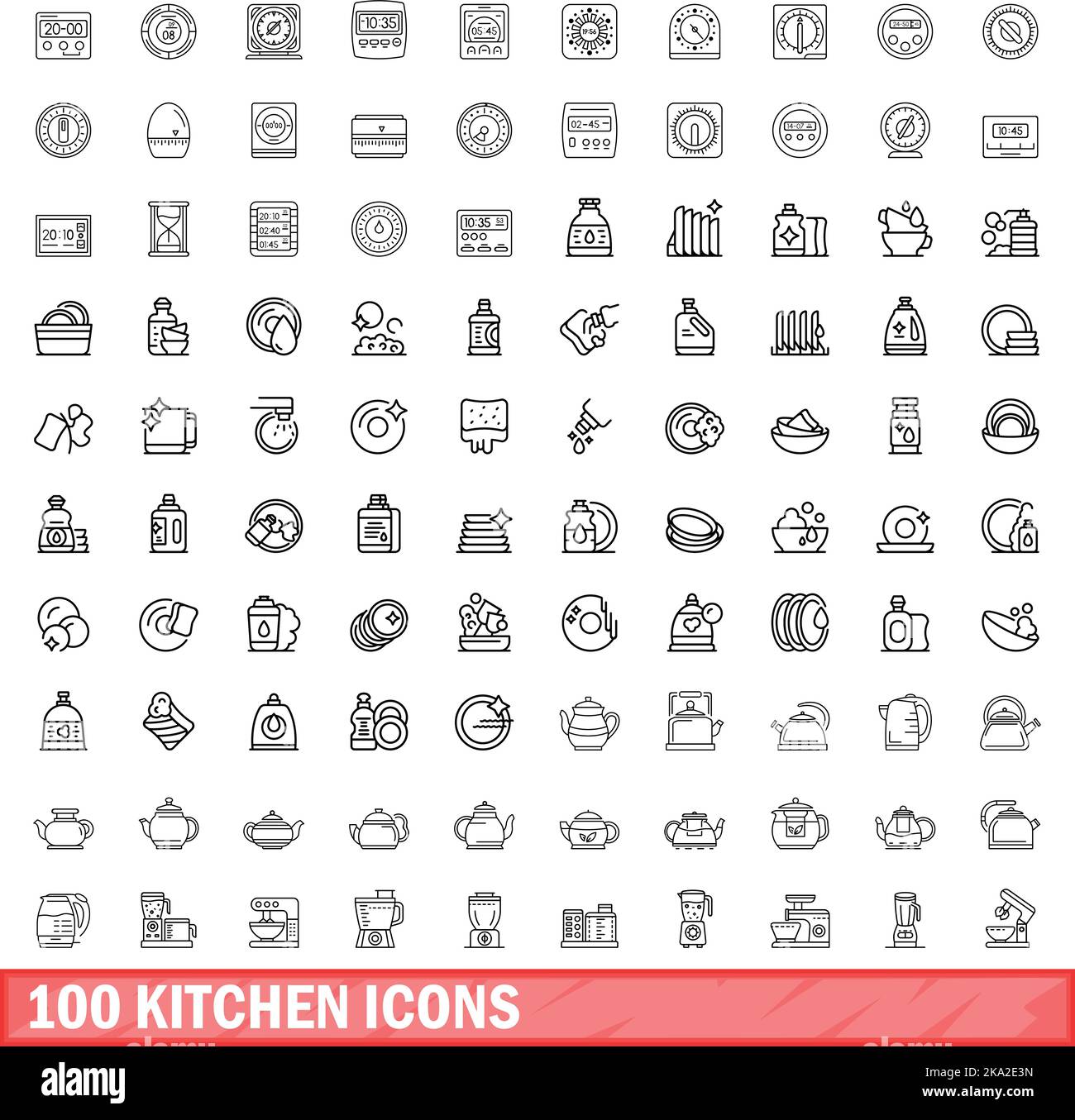 100 kitchen icons set. Outline illustration of 100 kitchen icons vector ...