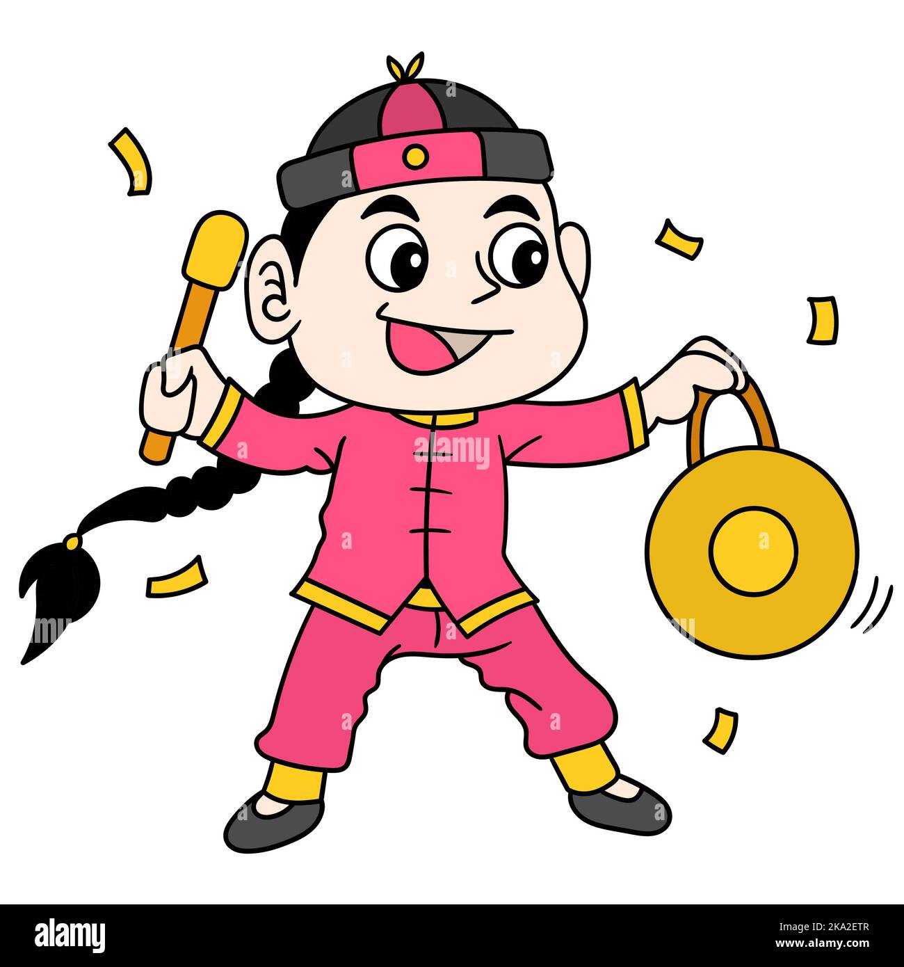 An illustration of a woman playing the gong isolated on a white ...