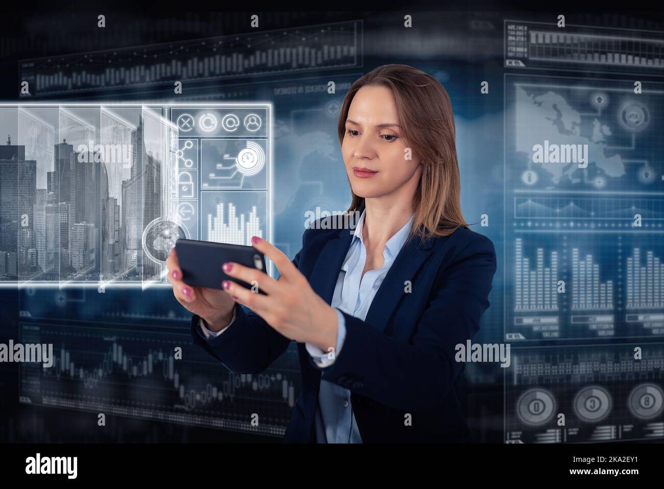 Young business lady in futuristic office. Global corporate concept ...