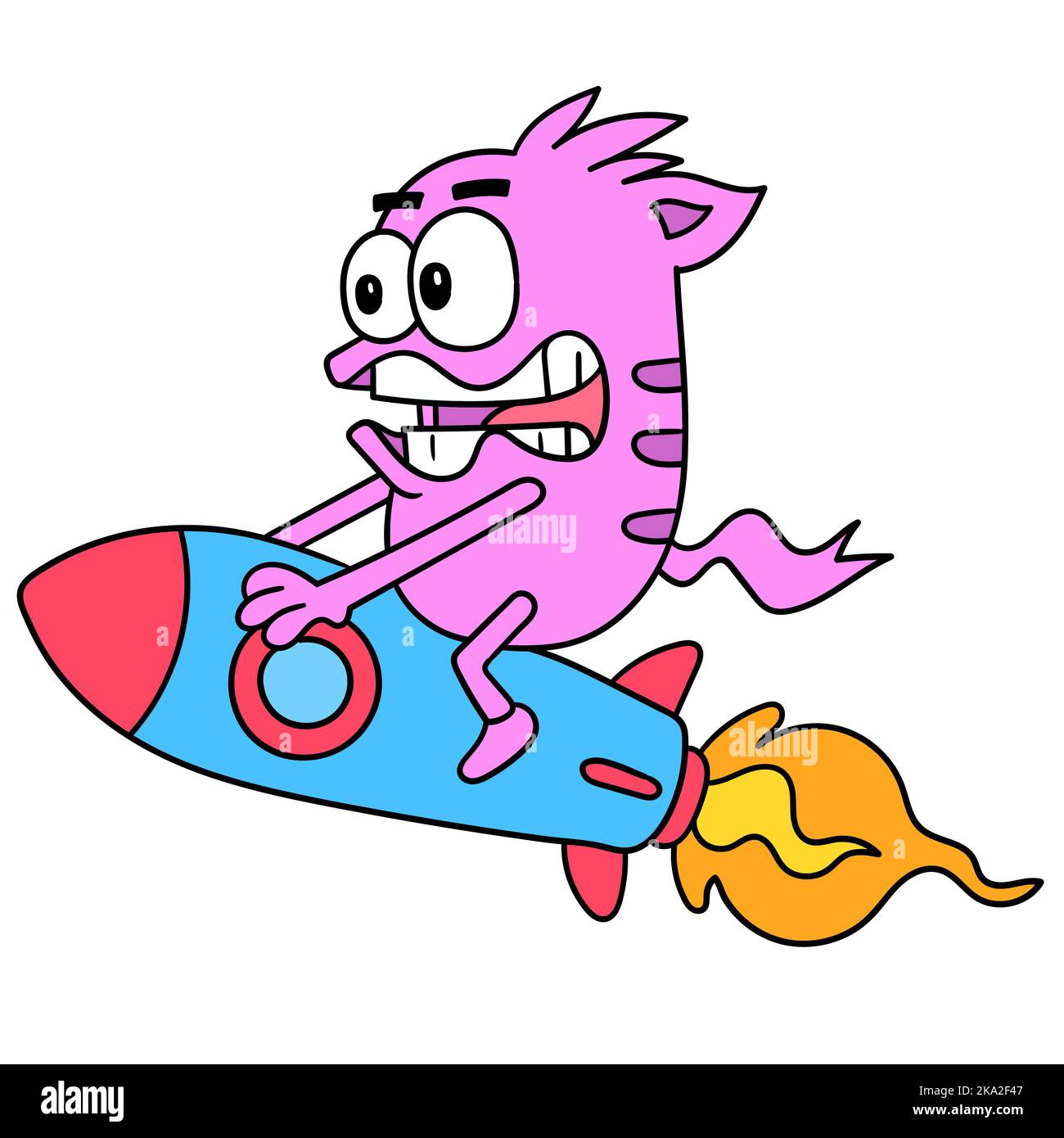 An illustration of a pink monster sitting on a rocket icon design ...