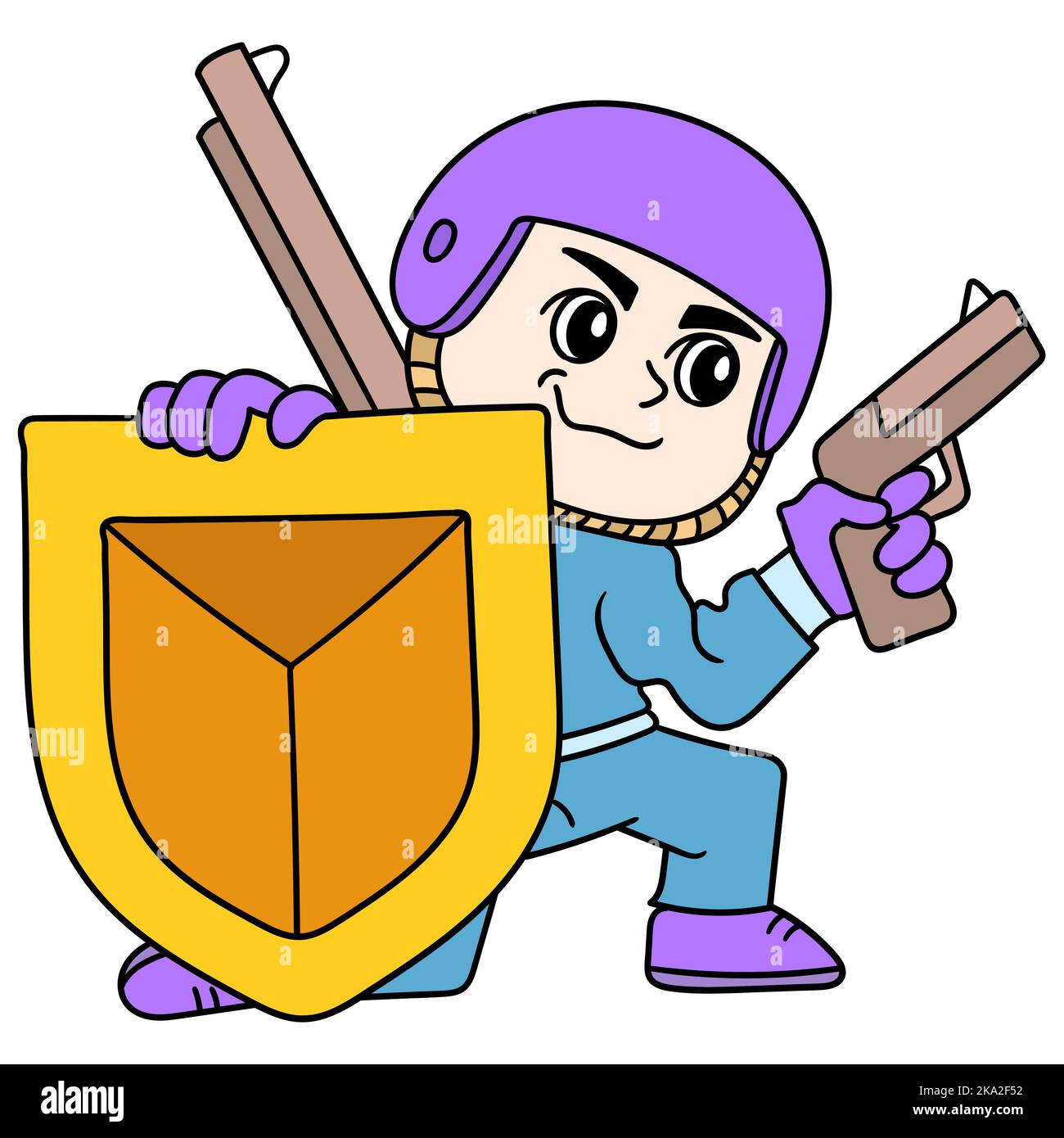 An illustration of a man holding a weapon and a shield isolated on a ...