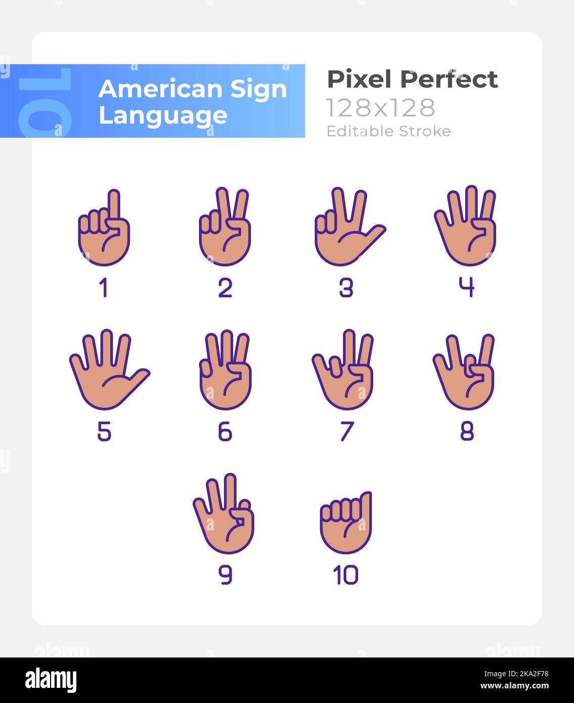 Digits in American sign language pixel perfect RGB color icons set ...