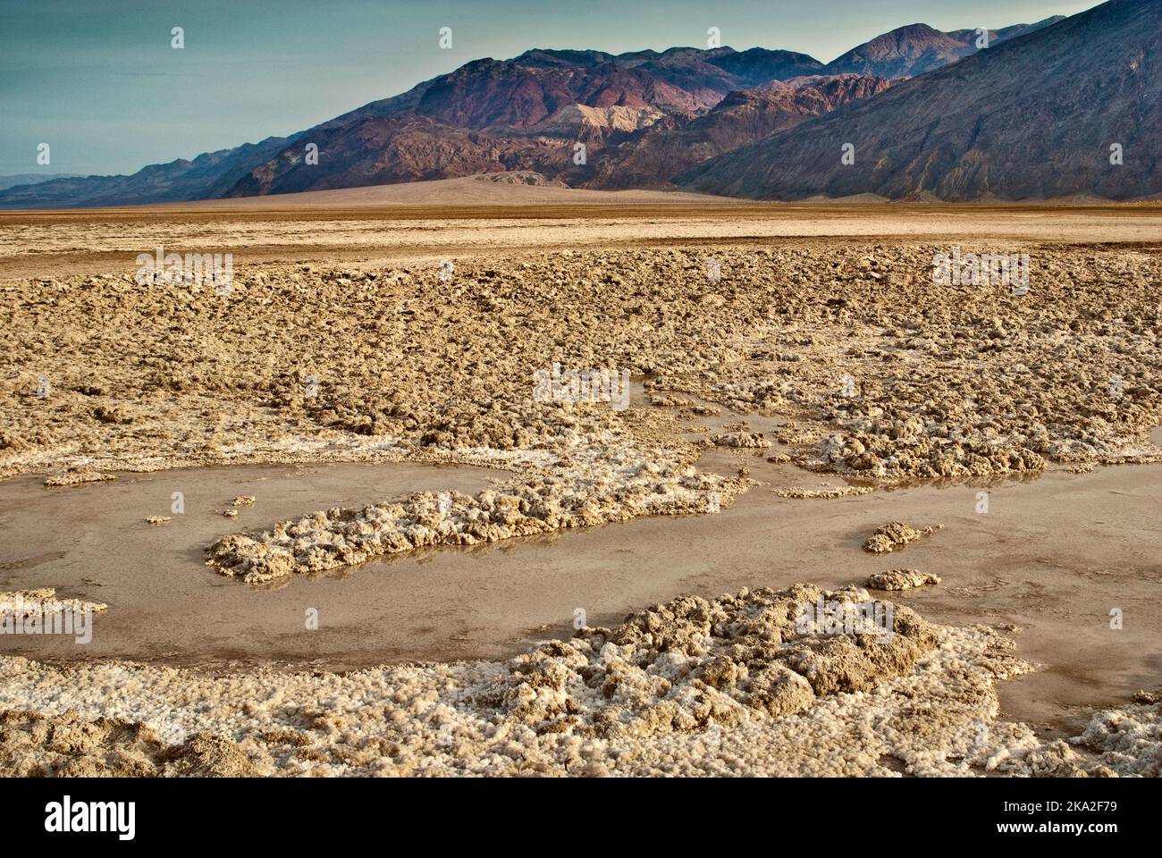Salt crust and recent rain water at Mojave Desert, Black Mountains in ...