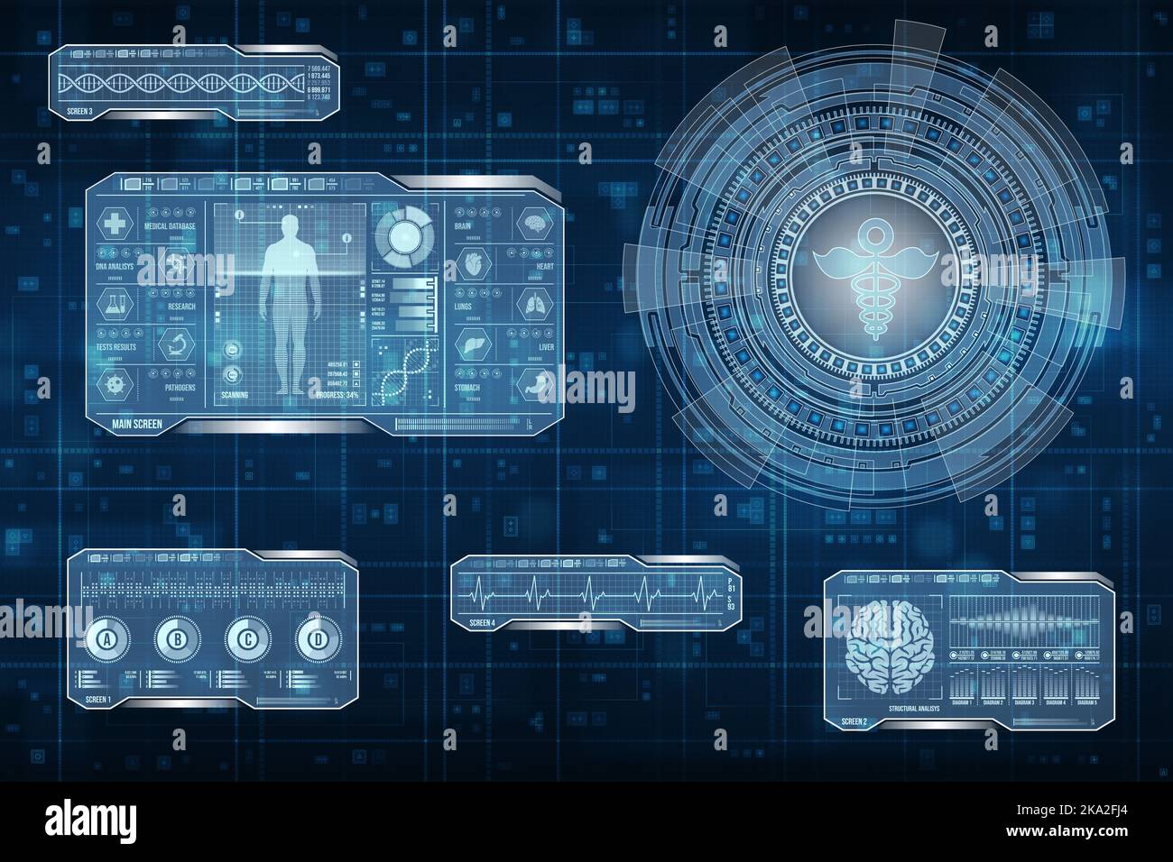 Blue and white futuristic medical or biotech background with hud ...