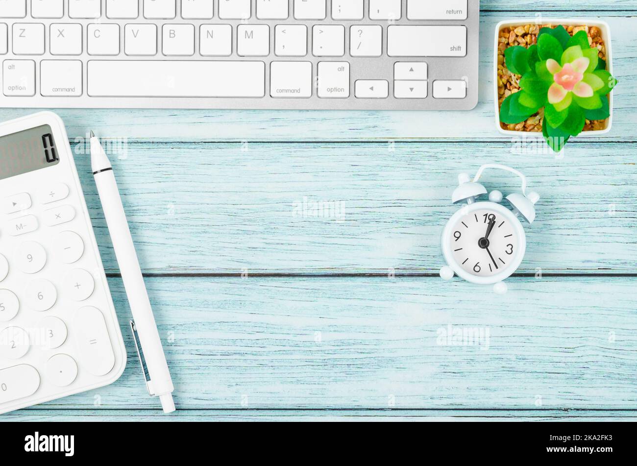 Flat lay, top view office wooden table desk. Workspace with, keyboard ...