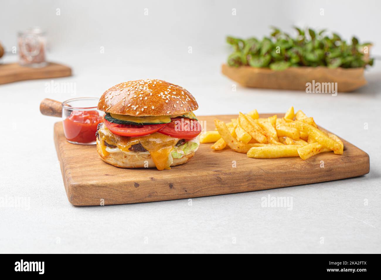 Portion of american cheeseburger with french fries Stock Photo - Alamy