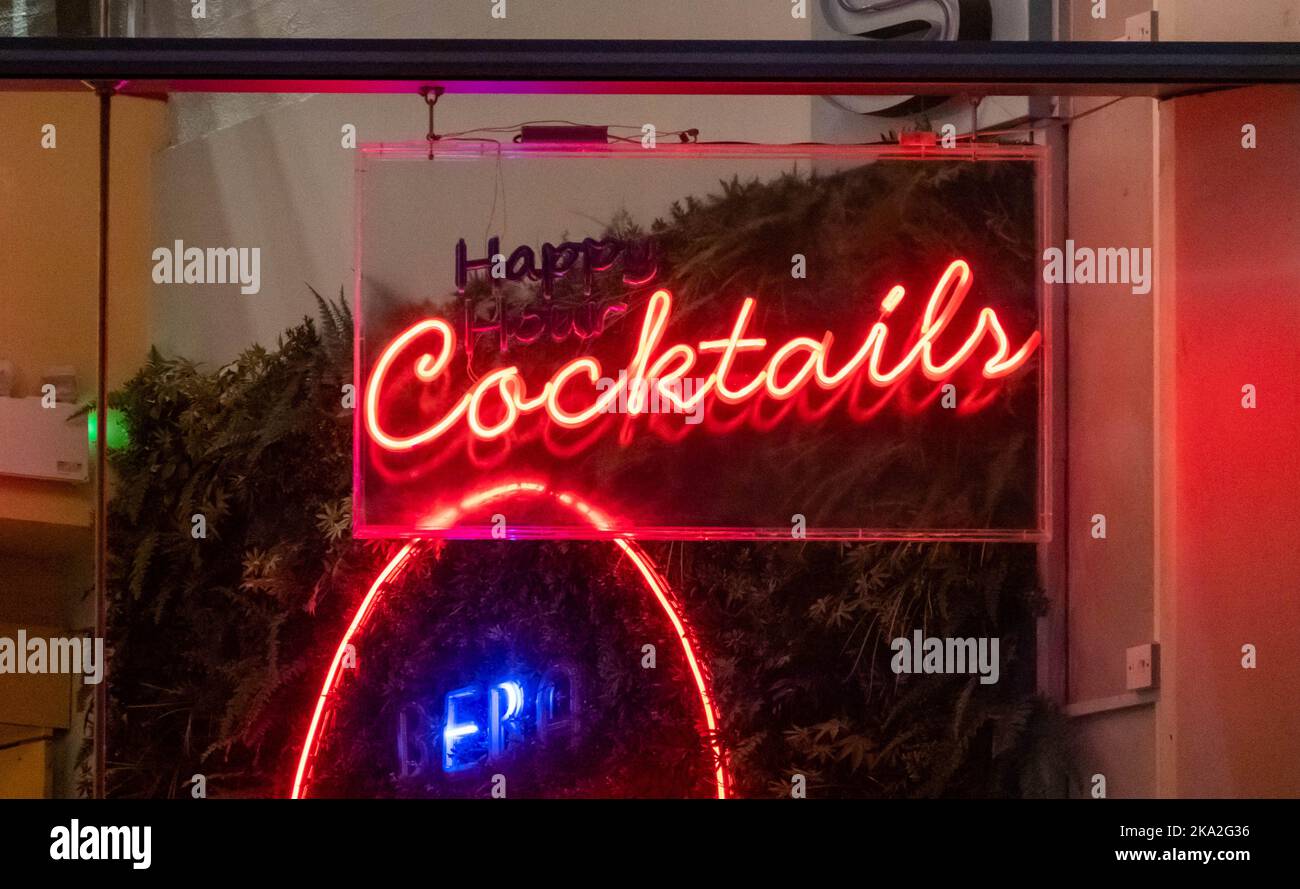 Cocktails sign in the window of a Liverpool ONE bar restaurant Stock ...